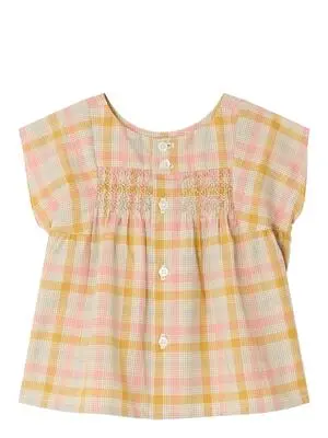 Bonpoint Cotton Check Blouse With Ruffle Sleeves - Pink