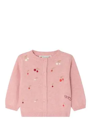 Bonpoint Cotton Cherry Appliqué Cardigan - Pink
