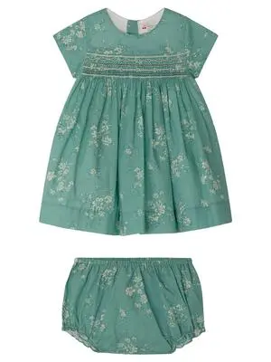 Bonpoint Floral Print Smocked Dress And Bloomers Set - Green