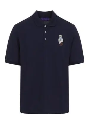 Ralph Lauren Purple Label Bear Polo Shirt In Cotton Cashmere - Blue