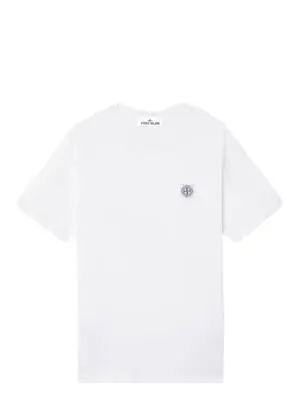 Stone Island Cotton Ribbed Crewneck T-shirt With Compass Logo Patch - Bianco
