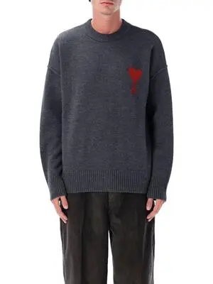 AMI Paris Wool Crewneck Sweater With Of Coeur Chest Intarsia - Grigio