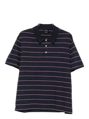 A.p.c. Striped Button-front Polo Shirt With Embroidered Logo - Blu