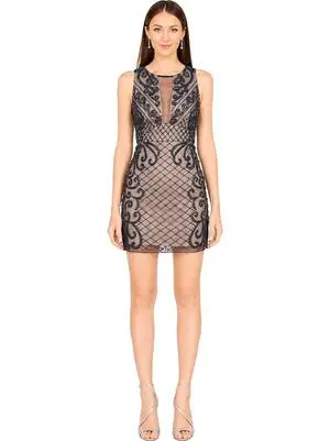 LARA NEW YORK Beaded Illusion Neckline Cocktail Dress - Navy