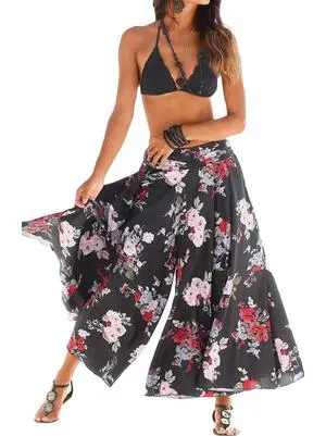 LASCANA Printed Flowy Wide-leg Culottes - Black Printed
