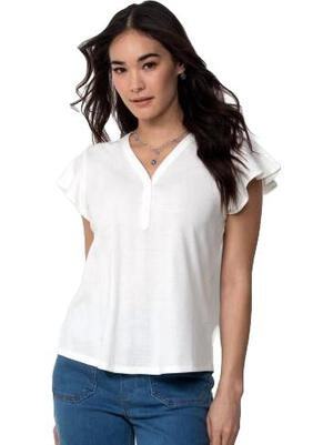 SINGLE STITCH Single Stitch Flutter Sleeve Henley Top White