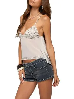 EDIKTED Studded Asymmetric Sheer Babydoll Top - Ivory