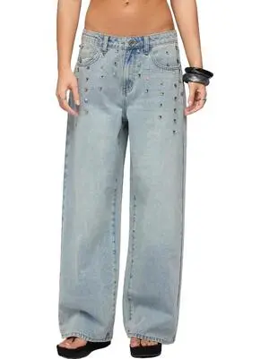 EDIKTED Oaklee Studded Low Rise Baggy Jeans - Blue-washed