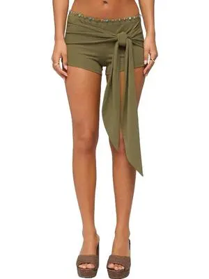 EDIKTED Monroah Beaded Low Rise Tie Waist Shorts Olive
