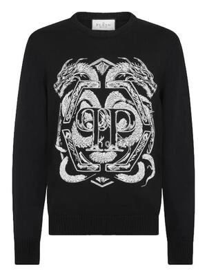 Philipp Plein Embroidered Merino Wool Hexagon Dragon Pullover - Black