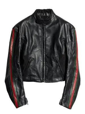 Gucci Leather Biker Jacket With Web Detail - Black