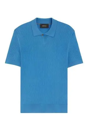 BOSS Silk Knit Polo With Ribbed Texture - Light Blue