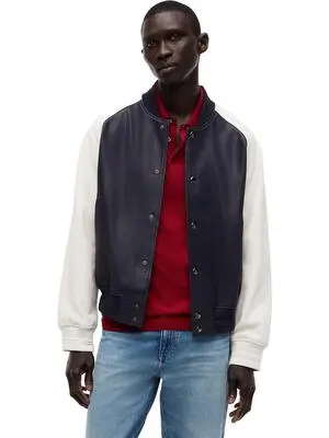 Tommy Hilfiger Colorblock Leather Varsity Bomber Jacket - Navy