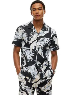 Tommy Hilfiger Men's Regular Fit Leaf Linen-blend Camp Shirt - Black