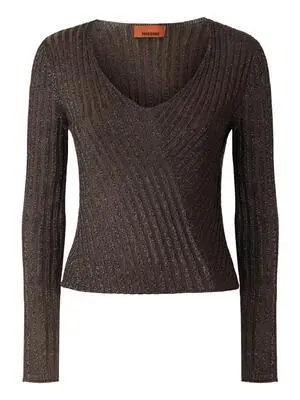 Missoni Ribbed Viscose Lamé V-neck Sweater - Brown