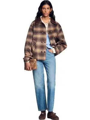 Sandro Wool Check Jacket With Leather Collar - Brown