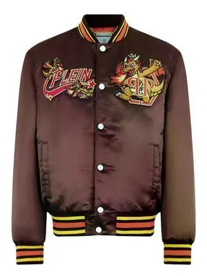 Philipp Plein Satin Bomber Dragon Stones Varsity Jacket - Brown