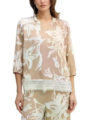 Joseph Ribkoff Floral Print Crochet Trim V-neck Blouse - Neutrals
