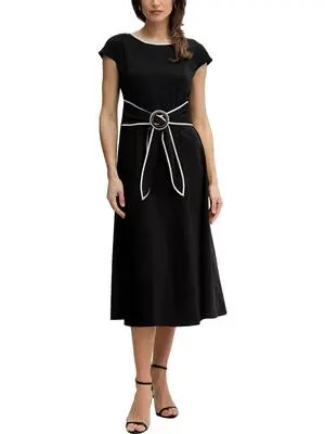 Joseph Ribkoff Midi Dress With Piped Trim And Ring Buckle Detail - Black