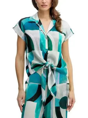 Joseph Ribkoff Abstract Print Tie-front Top - Blue