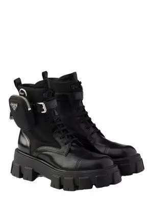 Prada Monolith Leather And Re-nylon Boots With Pouch - Black