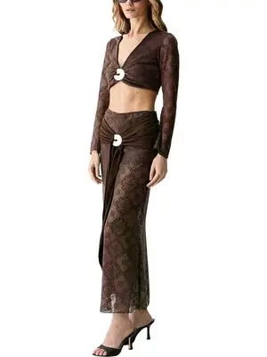 HAVEONE Patterned Buckled Maxi Skirt - Brown