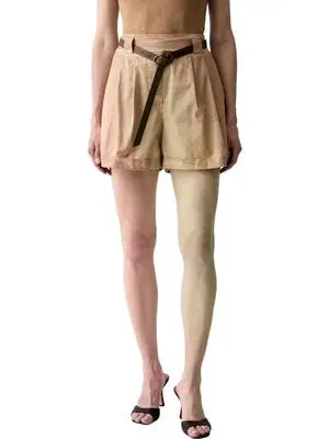 HAVEONE Belted Pleated Tailored Shorts - Neutrals