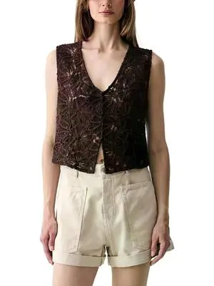 HAVEONE Floral Lace V-neck Cropped Top - Brown