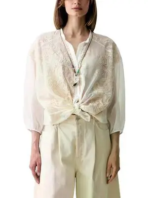 HAVEONE Embroidered Band Collar Blouse - White