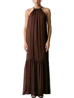 HAVEONE Gathered Neck Tiered Maxi Dress - Brown