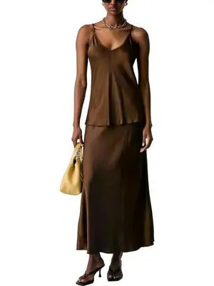HAVEONE Satin-finish Flared Maxi Skirt - Brown