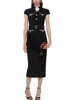 SELF-PORTRAIT Wool Crepe Midi Dress With Embellishments - Black