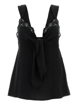 Chloé Crepe Top With Lace Inserts And Bow Detail - Black