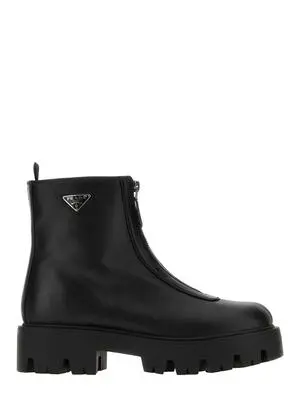Prada Leather Ankle Boots With Zip Closure - Black