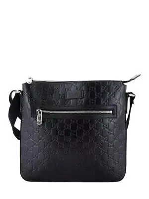 Gucci Signature Embossed Leather Messenger Bag - Black