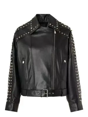 Pinko Stud-embellished Leather Biker Jacket - Black