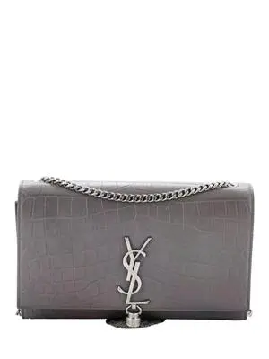 Saint Laurent Monogram Tassel Crocodile Embossed Leather Medium Crossbody Bag - Grey
