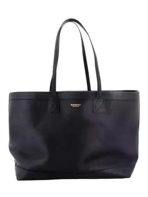 Burberry Leather Tote Bag With Check Canvas Interior - Black