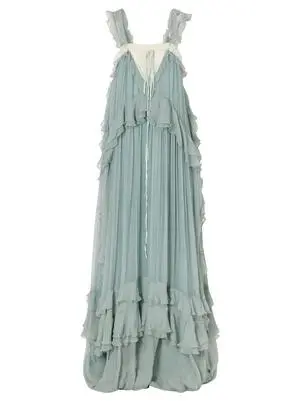 Chloé Ruffled Lace-trimmed Silk-crepon Gown - Green