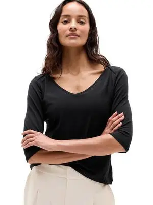 Athleta Midi Sleeve Tee With V-neck And Classic Fit - Black