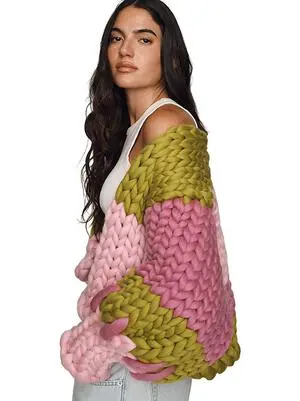 HOPE MACAULAY Noa Wool Chunky Knit Cardigan - Pink Pattern
