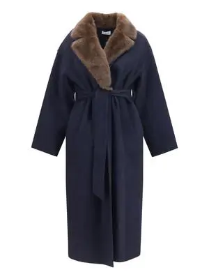 P.a.r.o.s.h Wool Coat With Fur Collar And Belt - Blue