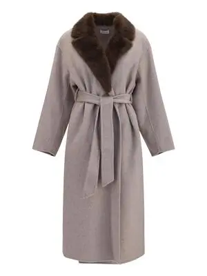 P.a.r.o.s.h Wool Coat With Fur Collar And Belt - Cream