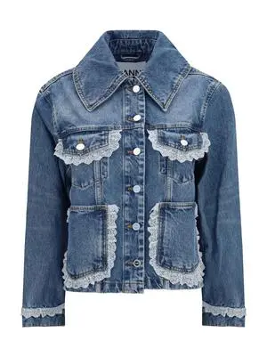 GANNI Rigid Denim Jacket With Lace Trim - Blue