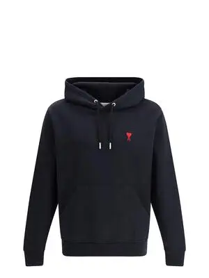 AMI Paris Logo Embroidered Cotton Hoodie - Black