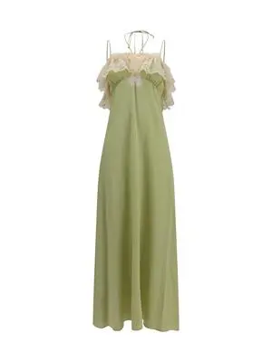 Chloé Silk Dress With Lace Ruffle Details - Green