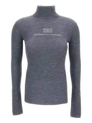 Elisabetta Franchi Ribbed Stretch Wool High-neck Sweater With Jacquard Logo - Grey