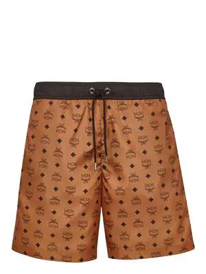 Mcm Logo Print Beach Shorts - Brown