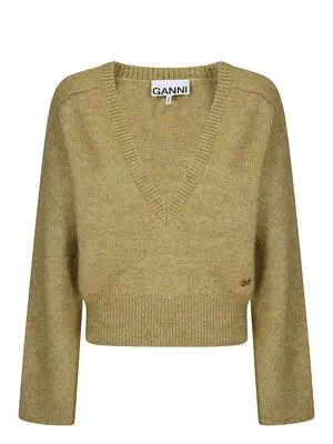 GANNI Ganni Mélange Deep V-Neck Knitted Sweater