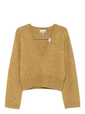 GANNI Mélange Deep V-neck Knitted Sweater - No